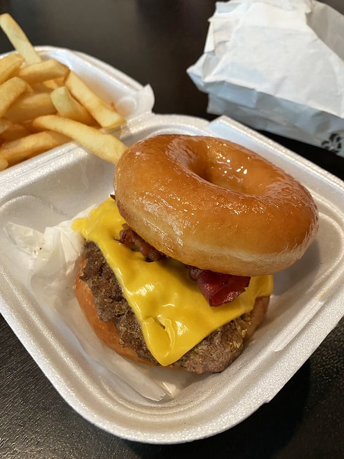 Behold, the glazed wonder! This donut burger is proof that sometimes, the best things in life come between two sweet buns.