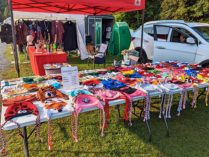 Handcrafted whimsy on display! These colorful creations are sure to warm both heads and hearts on chilly Vermont mornings.
