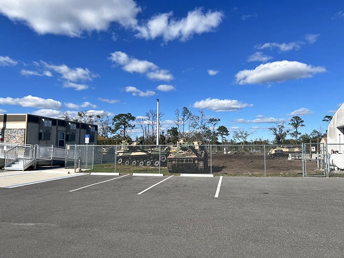 Tanks need parking spots too! This lot's a far cry from your average strip mall - unless your mall has treads and turrets.