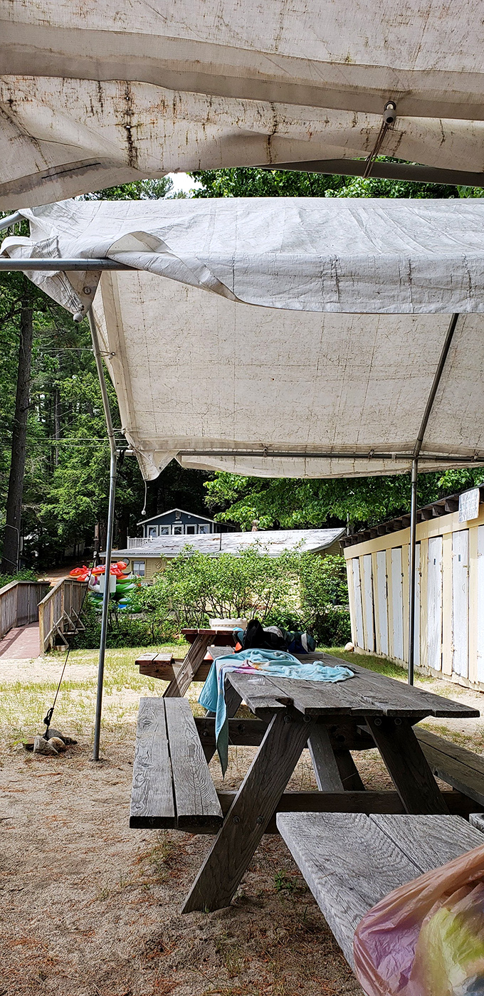 Rustic charm meets lakeside luxury. This shaded picnic spot is the perfect place to refuel after a day of water-induced wrinkly fingers.