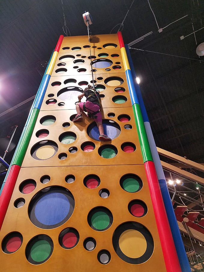 Reach new heights on this colorful climbing challenge. It's like playing a giant game of Connect Four while defying gravity!