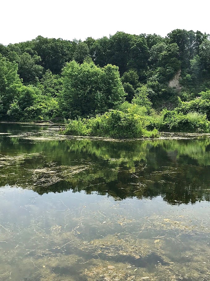 Mirror, mirror on the pond, who's the fairest park around? Kickapoo's crystal waters reflect a Technicolor dreamcoat of foliage.