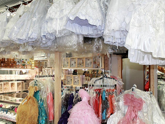 A sea of white lace and tulle! This bridal section is where "Say Yes to the Dress" meets "Bargain Hunt" in a matrimonial shoppers' dream.