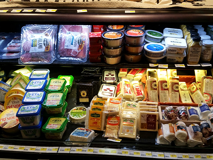 A fridge full of fromage fantasies! These packaged cheeses are like little presents waiting to be unwrapped and devoured.