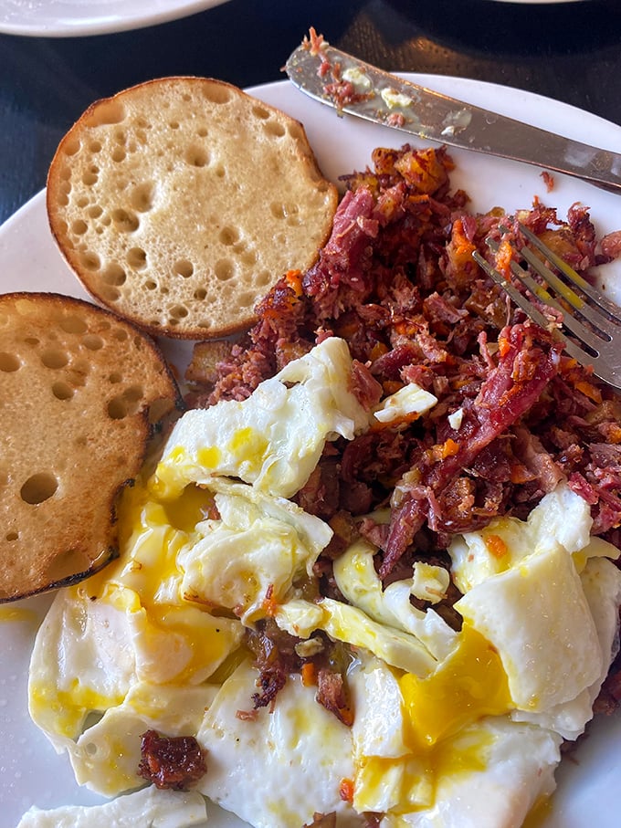 Corned beef and eggs: A match made in diner heaven. It's like a St. Patrick's Day parade for your mouth!