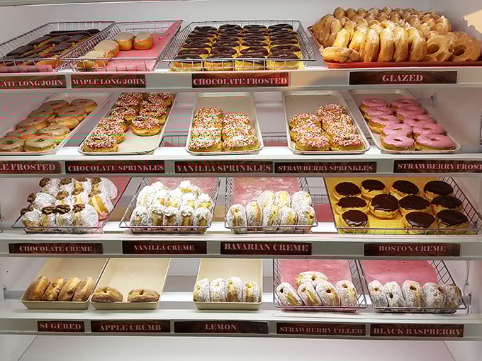 A rainbow of rings! This display case is like the Louvre of fried dough, each shelf a masterpiece of sugar-coated artistry.