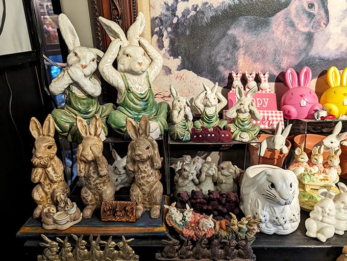 A congregation of cottontails! These ceramic critters seem to be having a secret meeting &ndash; perhaps planning a carrot heist?