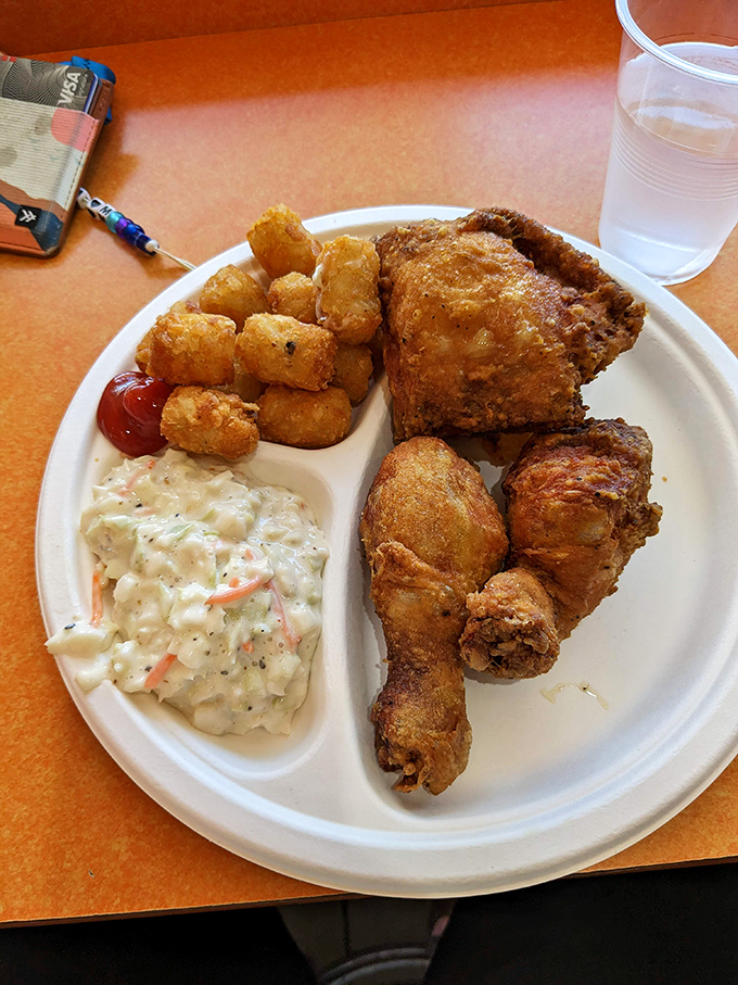 A feast fit for a king! This plate of fried chicken, tater tots, and coleslaw is the comfort food trifecta that dreams (and stretchy pants) are made of.