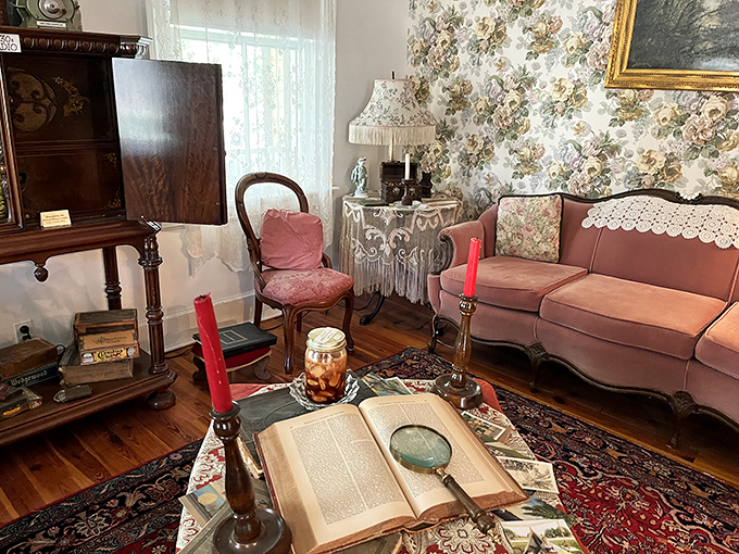 Cozy up in the past! This living room's floral wallpaper could tell more stories than a gossipy book club.