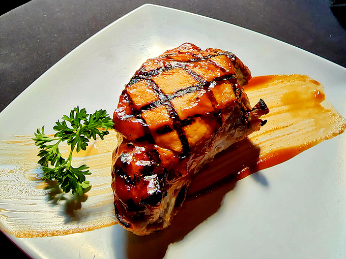 Pork perfection on a plate! This glazed chop is so photogenic, it could be on the cover of "Swine and Dine" magazine.