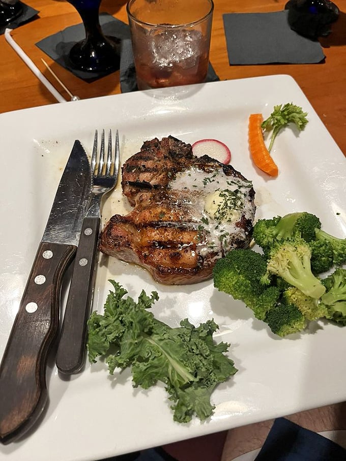 This pork chop is bringing sexy back! Juicy, perfectly grilled, and paired with vibrant broccoli - a plate that's both naughty and nice.