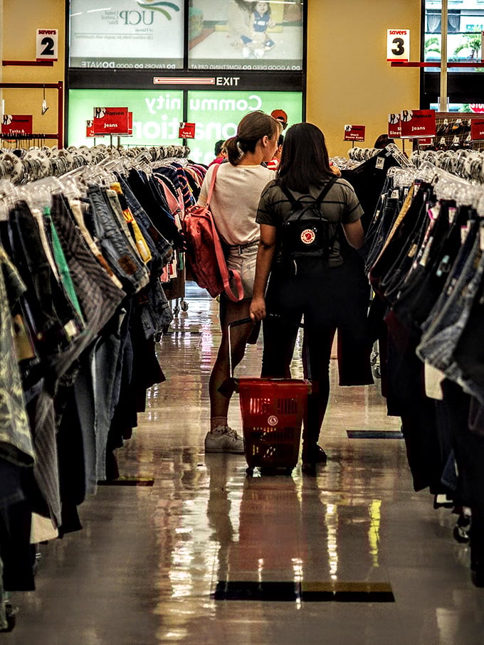 Thrift store anthropology in action! Watch as savvy shoppers navigate the racks, their carts filling with fashion finds and forgotten treasures. It's like a documentary waiting to happen.