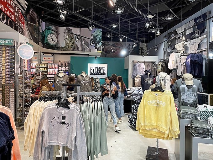 Shoppers browse aisles filled with more Chicago swag than you'd find at a Bears tailgate party. It's like a scavenger hunt for the perfect souvenir!