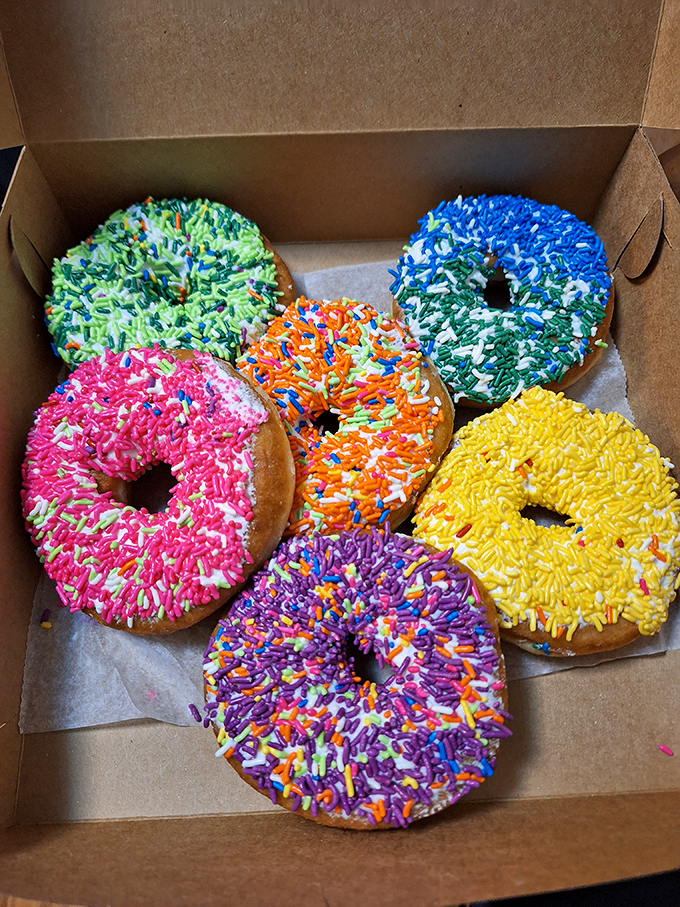 A rainbow you can taste! These sprinkled donuts are like edible confetti, celebrating the joy of indulgence in every bite.