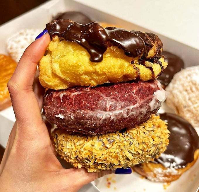 The leaning tower of yum! This stack of donuts is more tempting than any Italian landmark &ndash; and twice as satisfying.