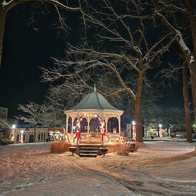A gazebo fit for a Hallmark movie: Twinkling lights, fresh snow, and small-town charm. If you listen closely, you might hear the faint sound of violins playing a romantic melody.