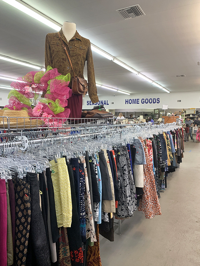 A rainbow of possibilities hangs before you. This clothing section is where fashion trends of yesteryear come for their encore performance. Shoulder pads, anyone?