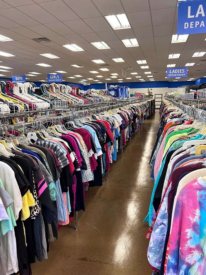 The aisle of infinite possibilities! From tie-dye to tweed, it's like walking through a time machine of fashion trends.