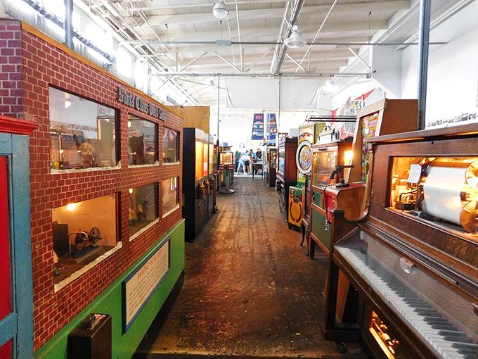 Welcome to the alley of forgotten dreams! These rows of mechanical marvels are like a steampunk version of Toy Story, each with a tale to tell and a game to play.