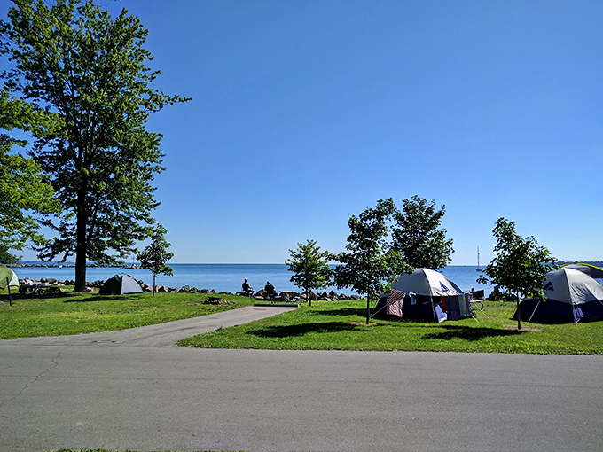 "Camping with a view: Where 'roughing it' meets 'living the dream'." Tents perch near the water's edge, offering campers front-row seats to nature's nightly show.