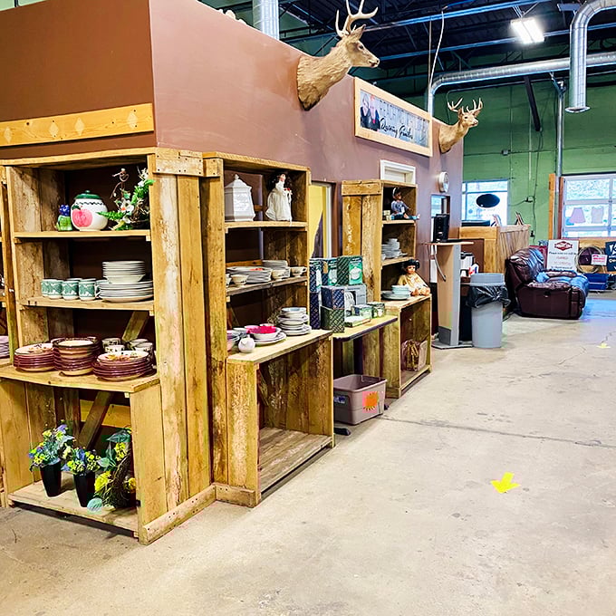 Rustic charm meets modern flair in this corner of curiosities. It's like your favorite country store had a yard sale &ndash; deer heads included!