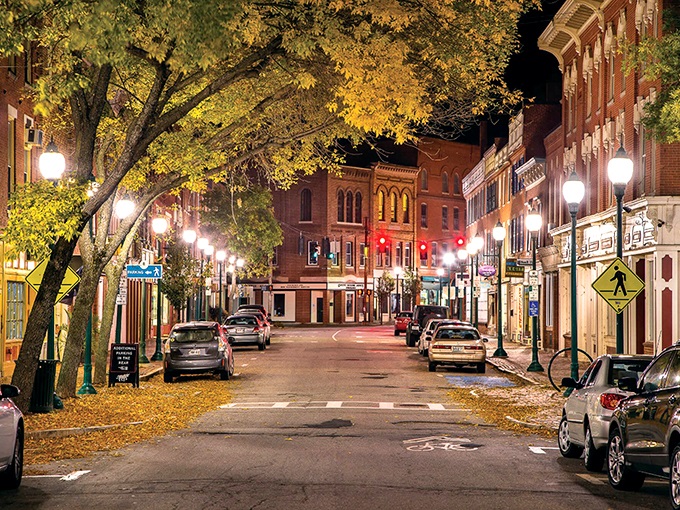 Nightlife, New England style: When the sun sets, Gardiner's streets light up like a cozy firefly festival, minus the bug spray.