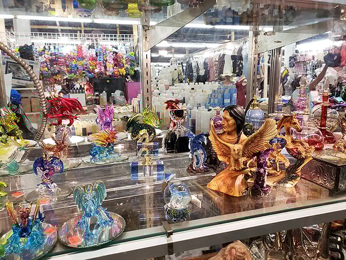 Behold, a menagerie of glass! From whimsical figurines to mystical orbs, this display is a fragile fantasy world. Just don't sneeze, or you'll owe more than you bargained for!