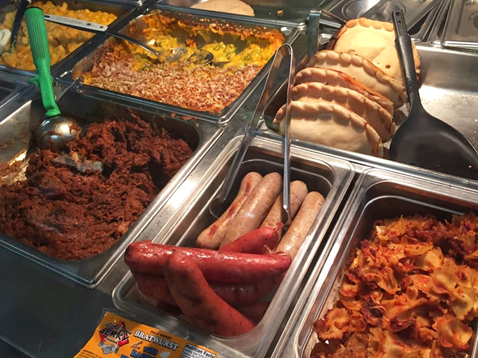 A hot case of happiness! From savory sausages to golden pasties, this display is like a warm hug for your taste buds.