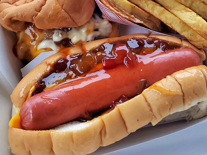 Hot diggity dog! This loaded beauty is like a flavor fireworks show in your mouth. Ketchup and mustard and relish, oh my!