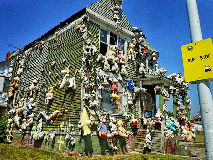 Talk about a house party! These stuffed animals have taken over, creating a fuzzy facade that's equal parts charming and bizarre.