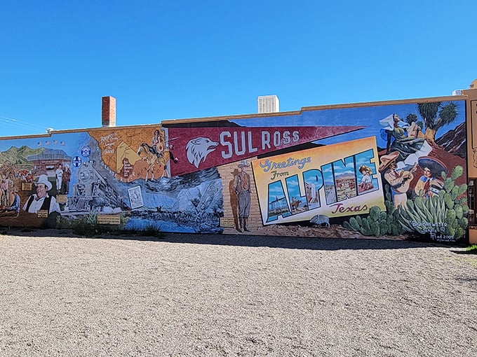 Alpine's murals: A feast for the eyes that'll make you feel like you've stepped into a Technicolor Western. It's like Instagram filters came to life on brick walls!