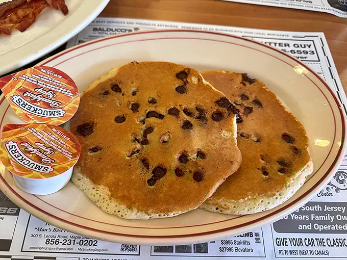 Chocolate chip pancakes that'll make you forget all about your diet resolutions. These fluffy discs of joy are the breakfast equivalent of a warm hug.