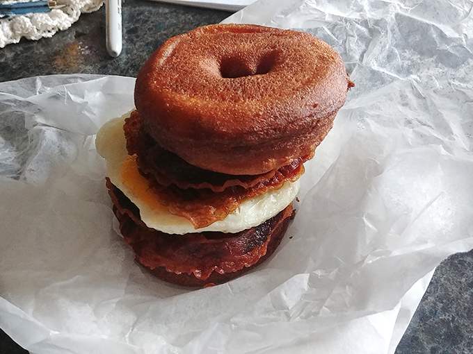 Who said donuts can't be a meal? This sandwich proves that anything is possible in the land of fried dough.