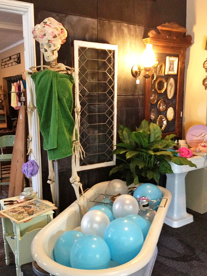 Talk about a Halloween party that got out of hand! This skeletal greeter is dressed to impress, proving that even in the afterlife, it's important to stay fashion-forward.