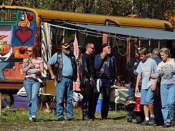 Hippie bus meets Midwest charm! This eclectic gathering looks like Woodstock decided to take a detour through Illinois.