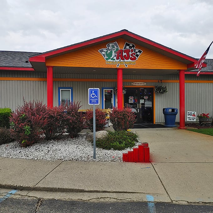 Waterfalls, caves, and neon lights &ndash; AJ's Family Fun Center is like golfing through an 80s music video.