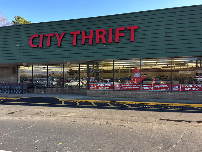 City Thrift: Where urban cool meets suburban savings in a neon-lit paradise of pre-loved treasures.