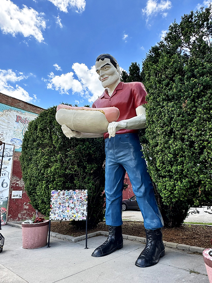 Paul Bunyan's career change! Swapping his axe for a hot dog, this lumberjack knows how to draw a crowd.