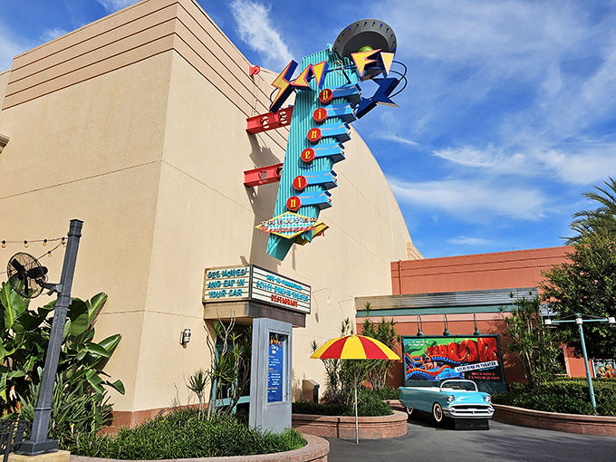 Great Scott! Sci-Fi Dine-In Theater's retro charm whisks you back to the '50s faster than Doc Brown's DeLorean.