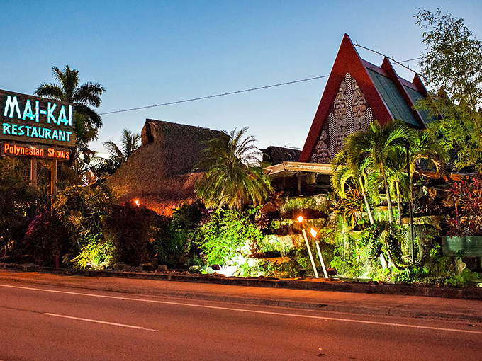 Mai-Kai's exterior: Polynesian palace or Florida's most ambitious luau? This architectural hula will transport you faster than any flight.