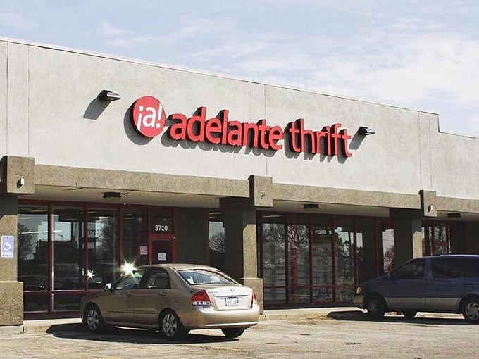 Red signage, amazing finds! Adelante Thrift is where your closet goes for a cultural exchange program.