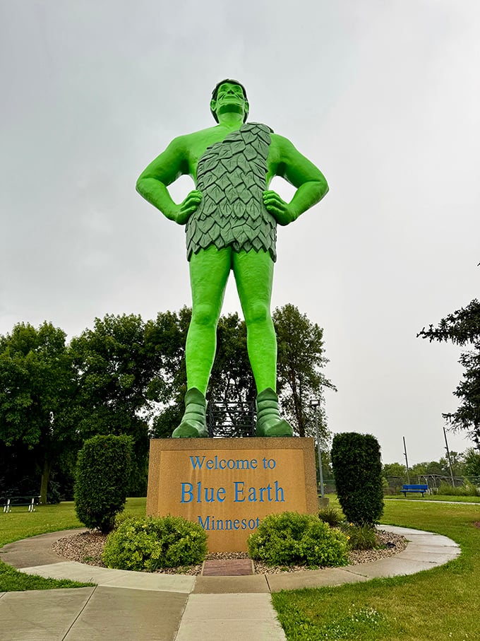 Ho, ho, ho! This green giant's smile is infectious. Just don't ask him where he buys his leafy shorts.