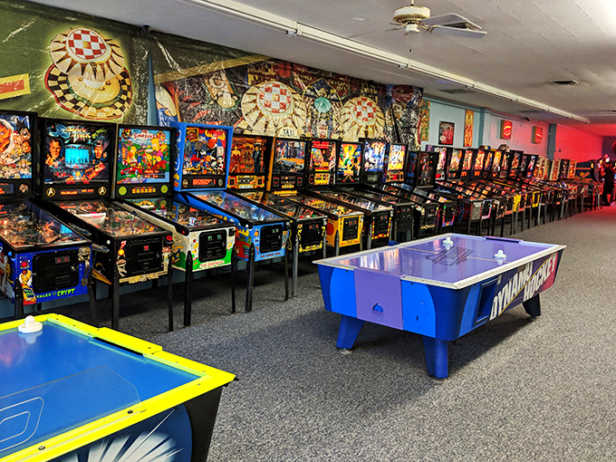 Pinball paradise found! Klassic Arcade 2.0's interior is a chrome and neon dreamscape where high scores are the only currency that matters.