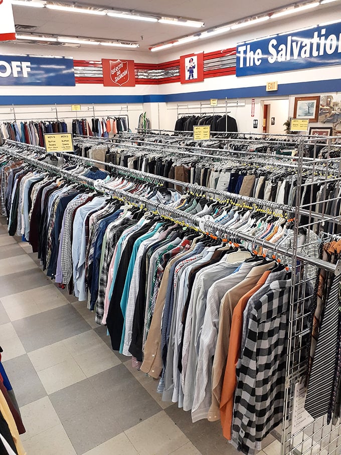 Racks on racks on racks. This Salvation Army store is where clothes go to find their forever homes.