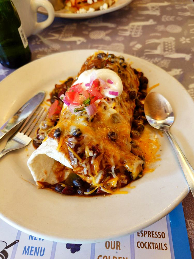 Breakfast burrito or edible work of art? At Sky Blue Cafe, it's both! This handheld masterpiece is a fiesta for your mouth.