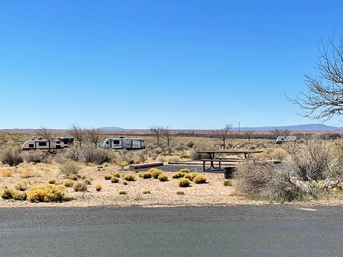 RV paradise or time-travel campground? Modern nomads park alongside ancient dwelling sites for a truly unique camping experience.