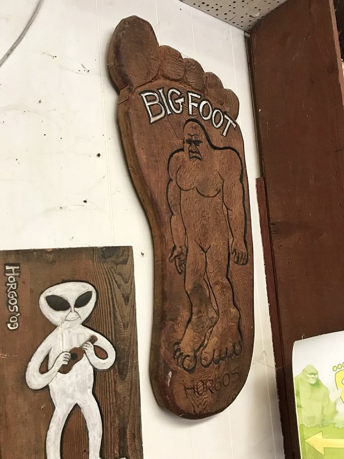 Is it a surfboard or a Bigfoot blueprint? This wooden wonder showcases the creature's impressive physique &ndash; talk about #SquatchGoals!
