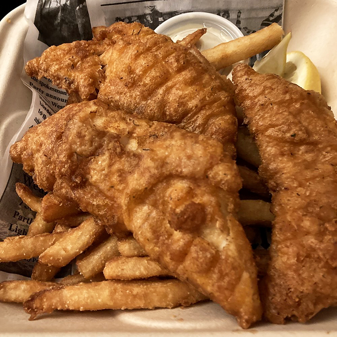 Golden-brown perfection! These fish and chips are crispier than a sailor's tall tale and twice as satisfying.