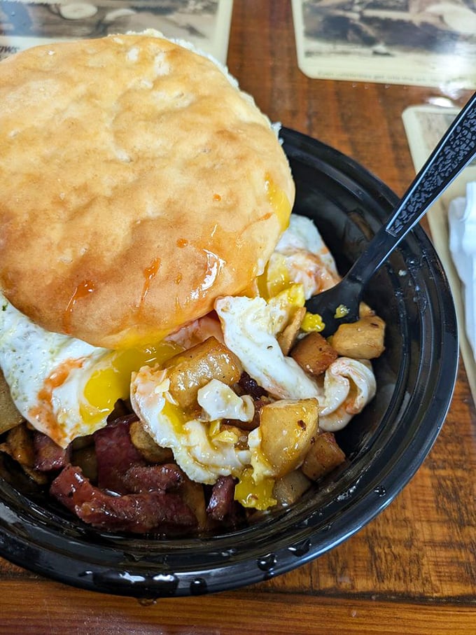 This isn't just hash, it's a hug on a plate. That biscuit? It's fluffier than a cloud and probably just as heavenly.