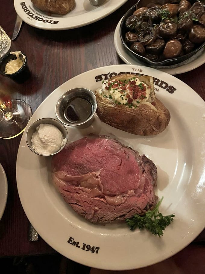 Prime rib and a loaded potato? It's like the dynamic duo of comfort food got dressed up for a night on the town.